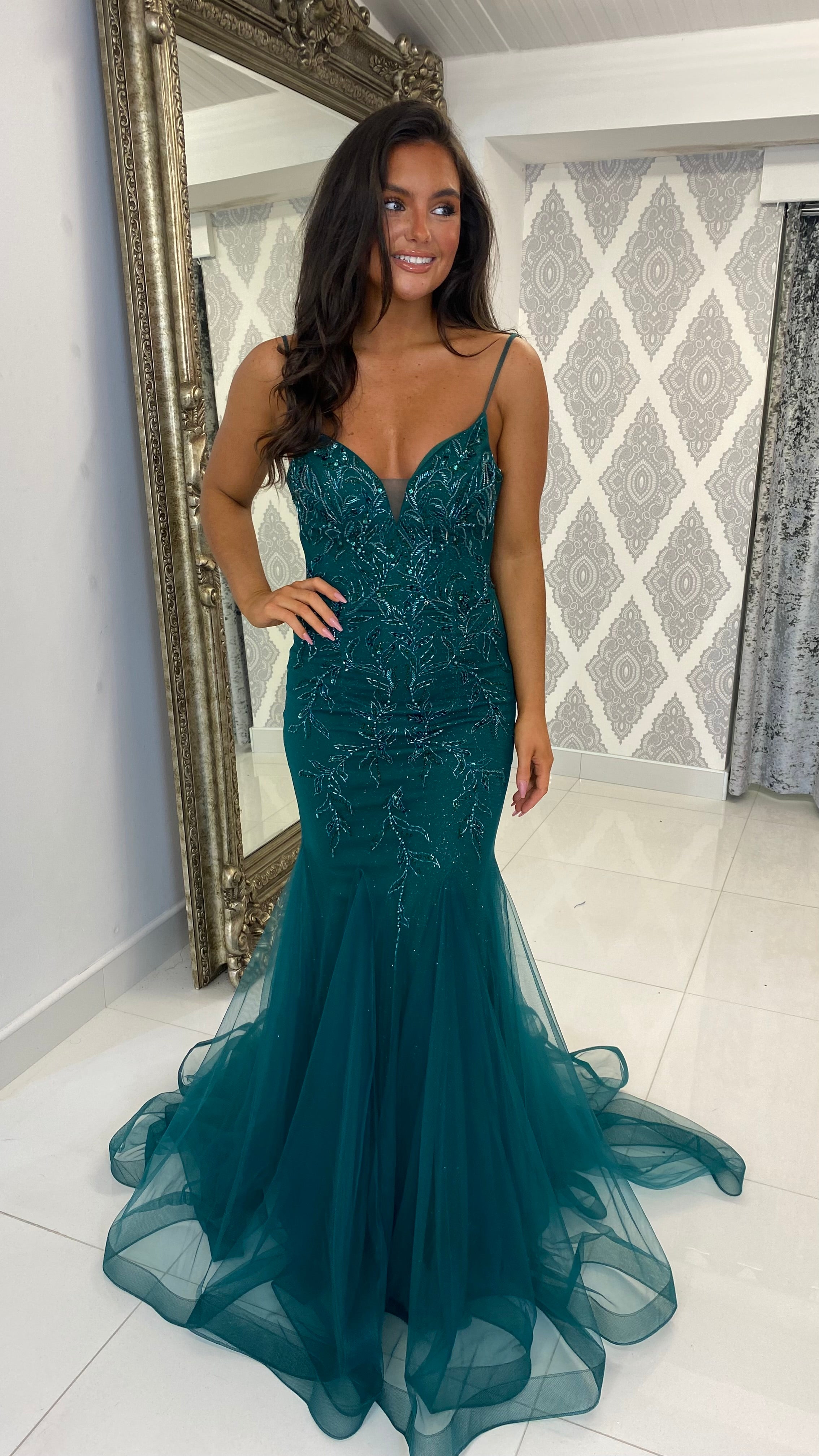 Green Skinny Strap Corset Fishtail Prom Dress – Rosies Closet