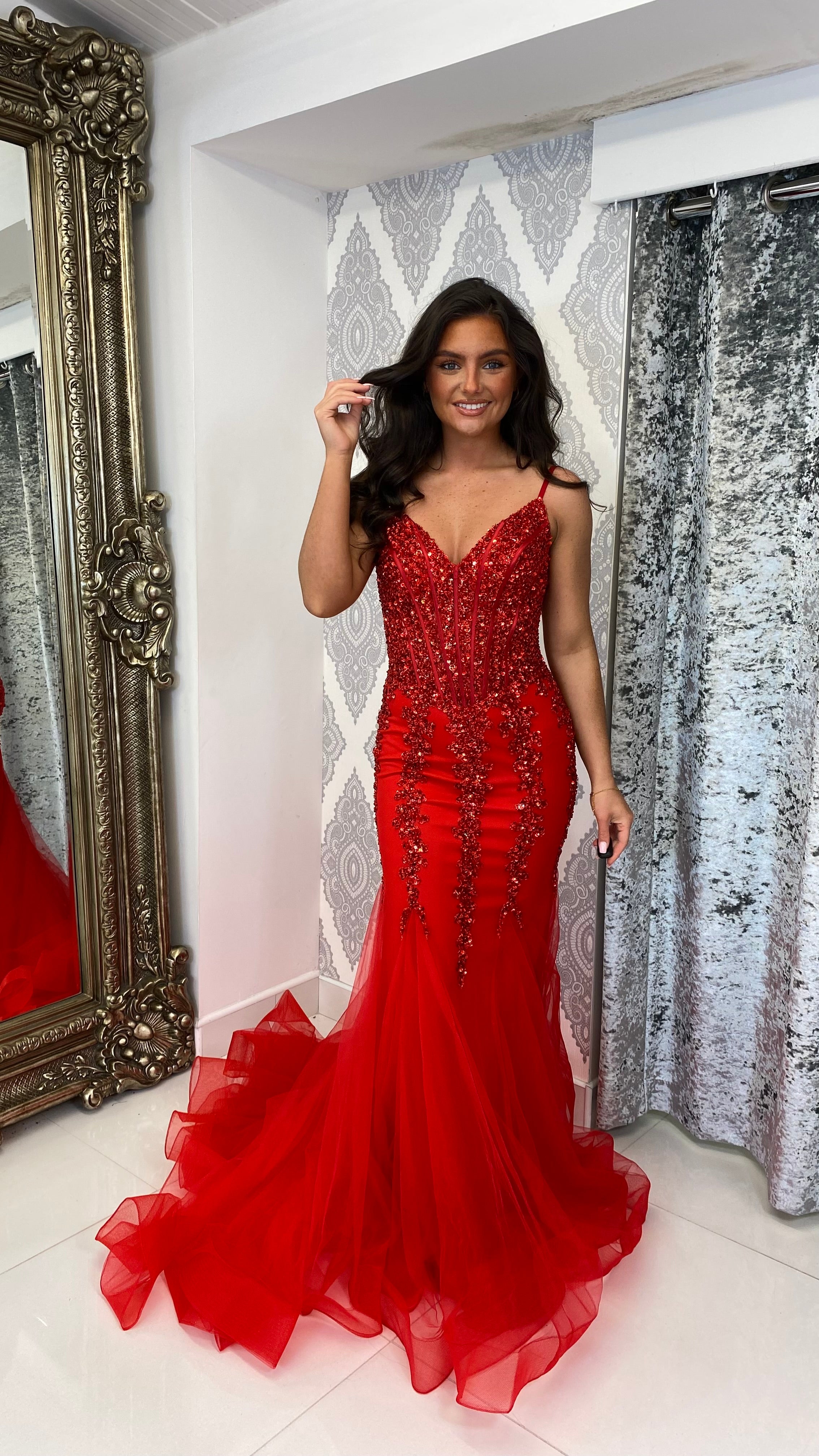 Red Jewell Corset Fishtail Prom Dress – Rosies Closet